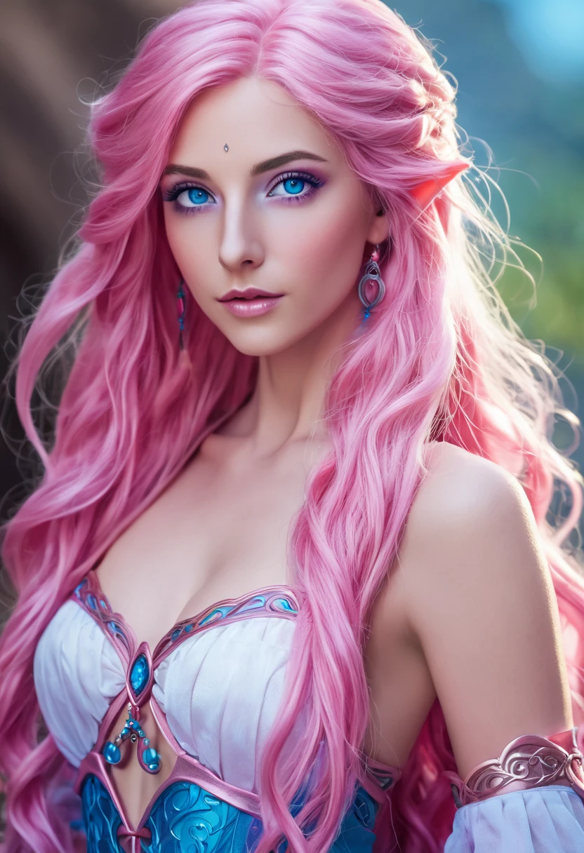 Woman, long wavy hair, blue eyes, pink hair, elf, sexy - SeaArt AI