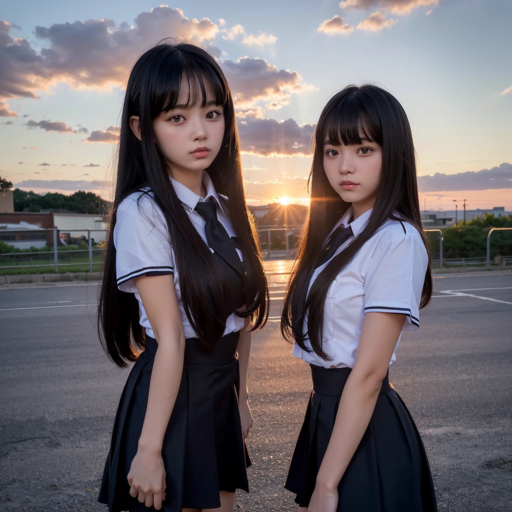School Girls,twin Girls, black uniform, sunset, profissional ...
