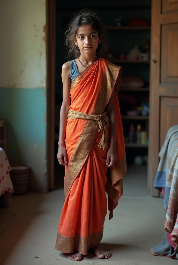A full-body image of a skinny Indian girl with a modest, poor ...