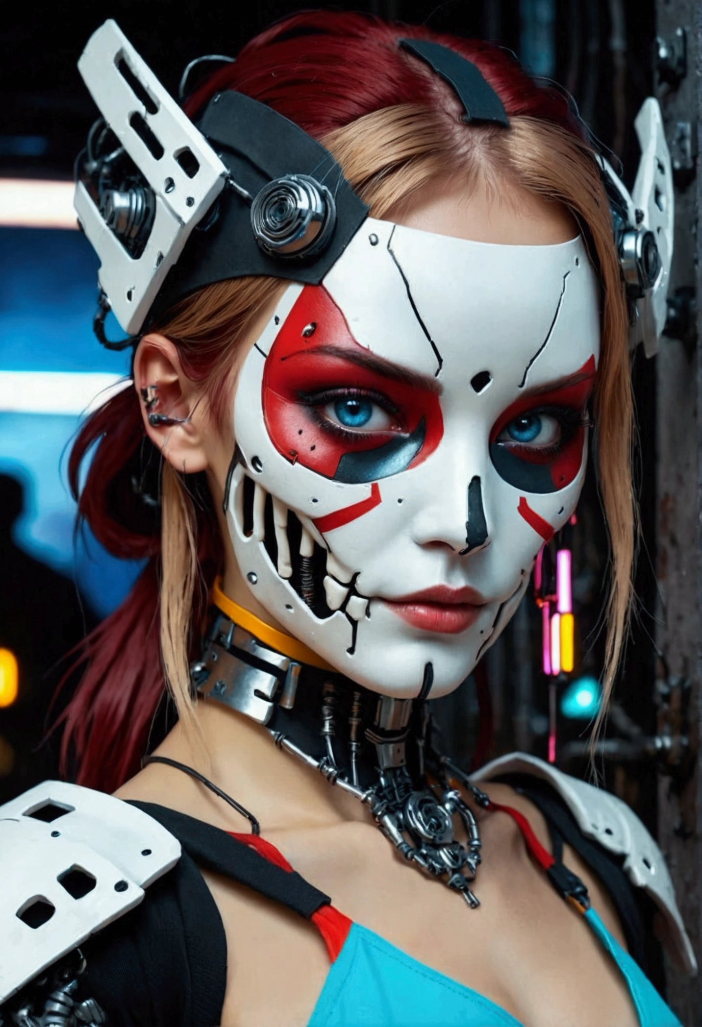 Arafed woman with a mask and a metal headpiece, cyberpunk face - SeaArt AI