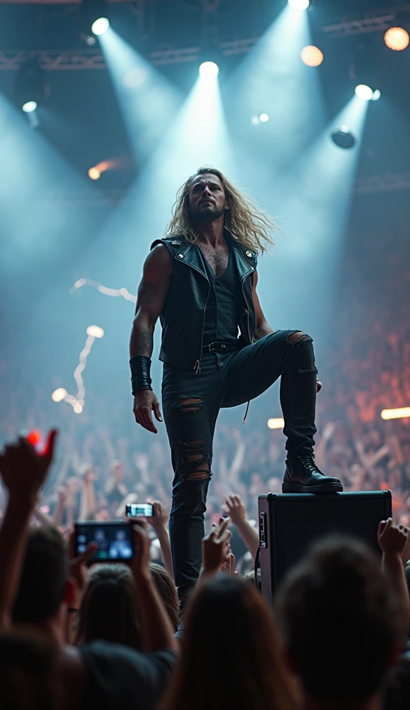Scene on stage at a rock concert, THOR is holding a mic singing angrily ...