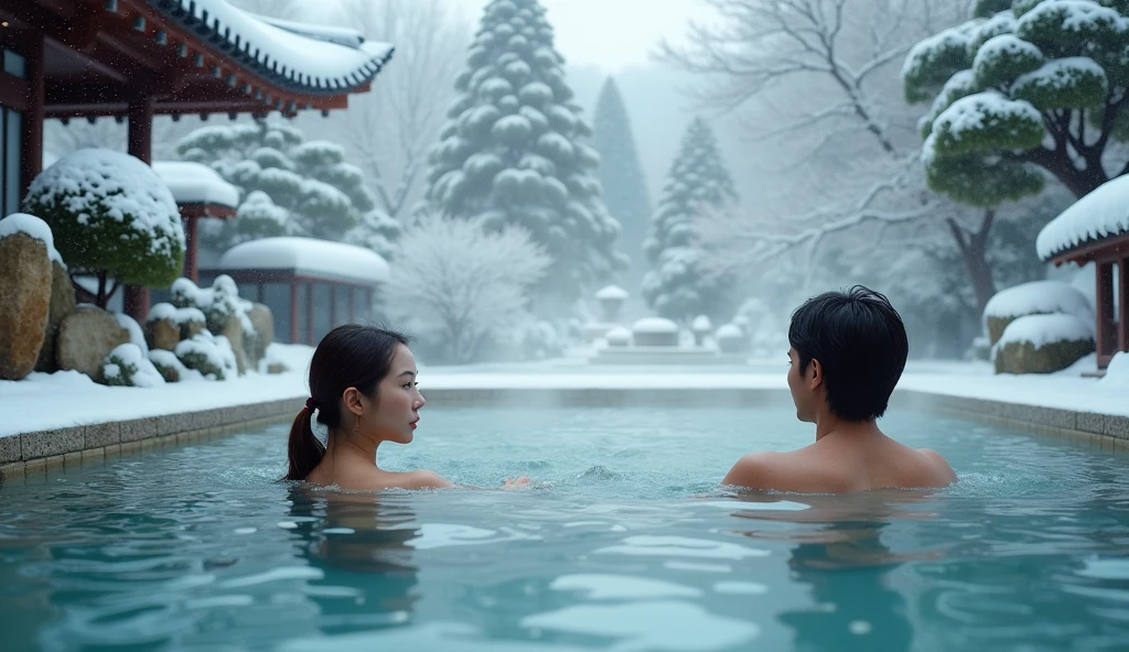 A beautiful and luxurious hot springs bath (Onsen) in Japan, surrounded ...