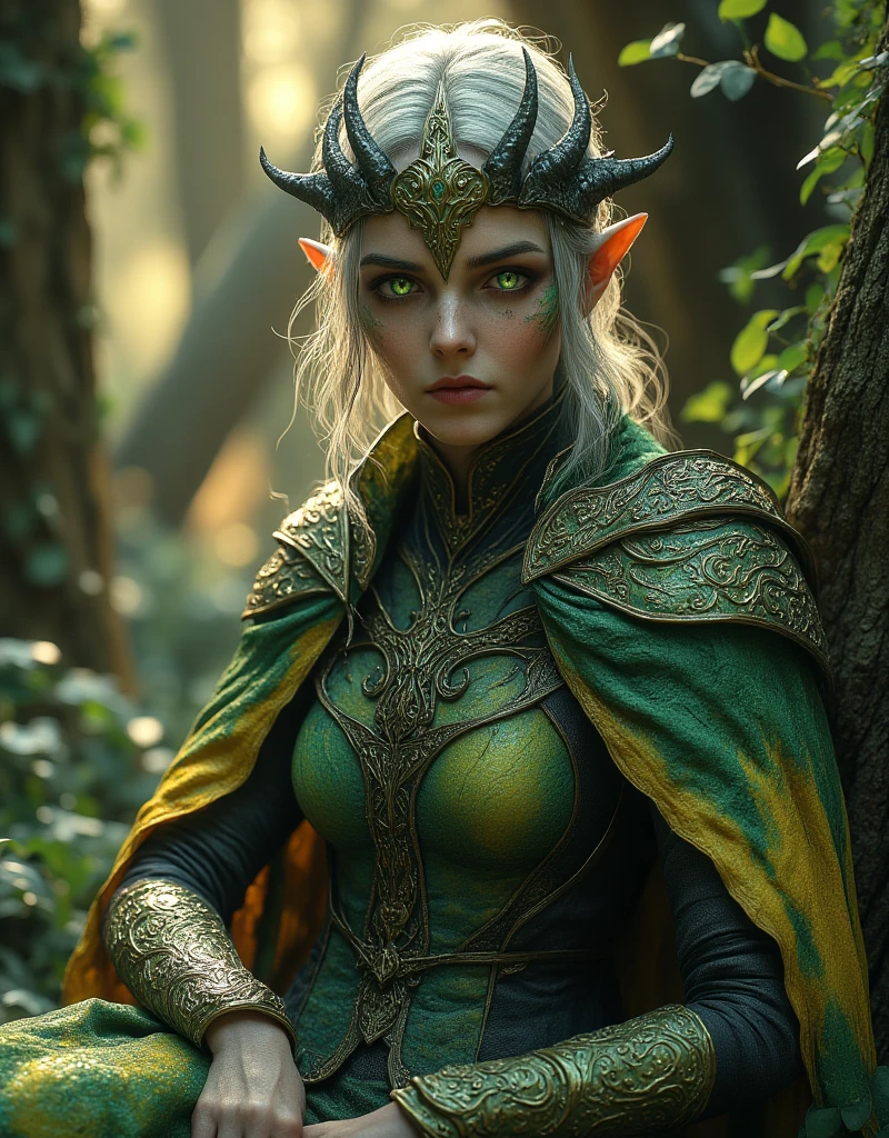 A beautiful elderly elf woman with elven ears, tired eyes magically ...