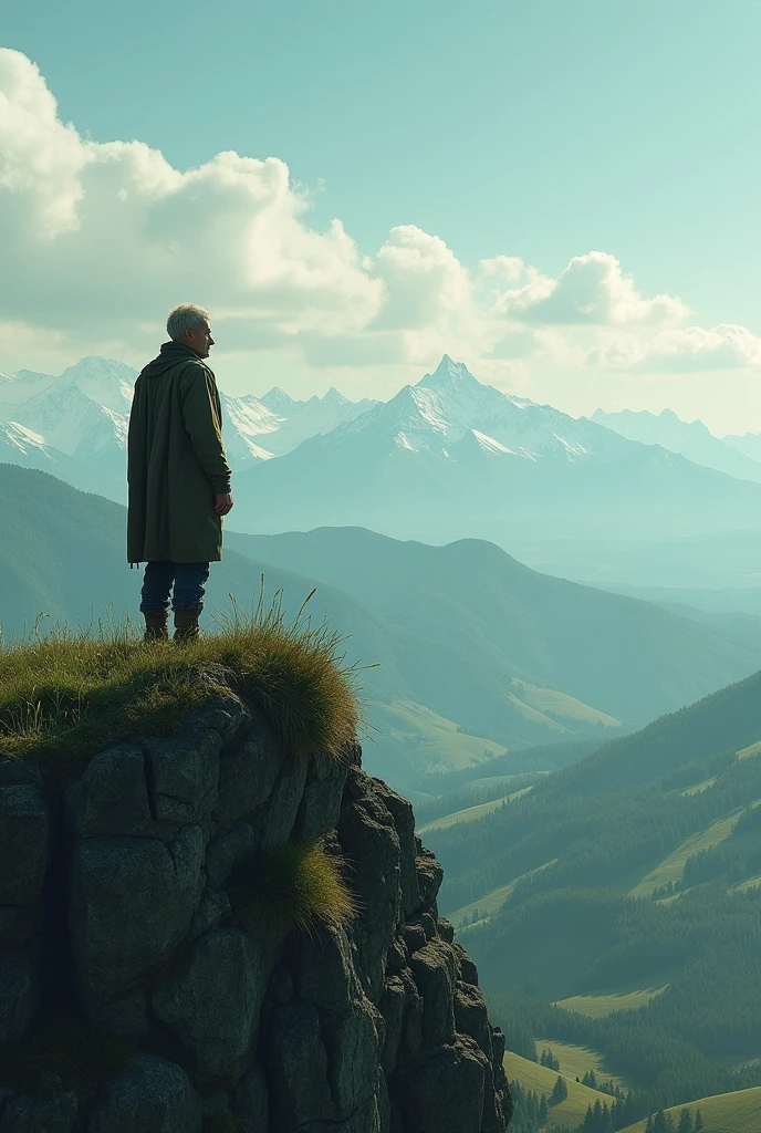 The man is alone on a high hill - SeaArt AI