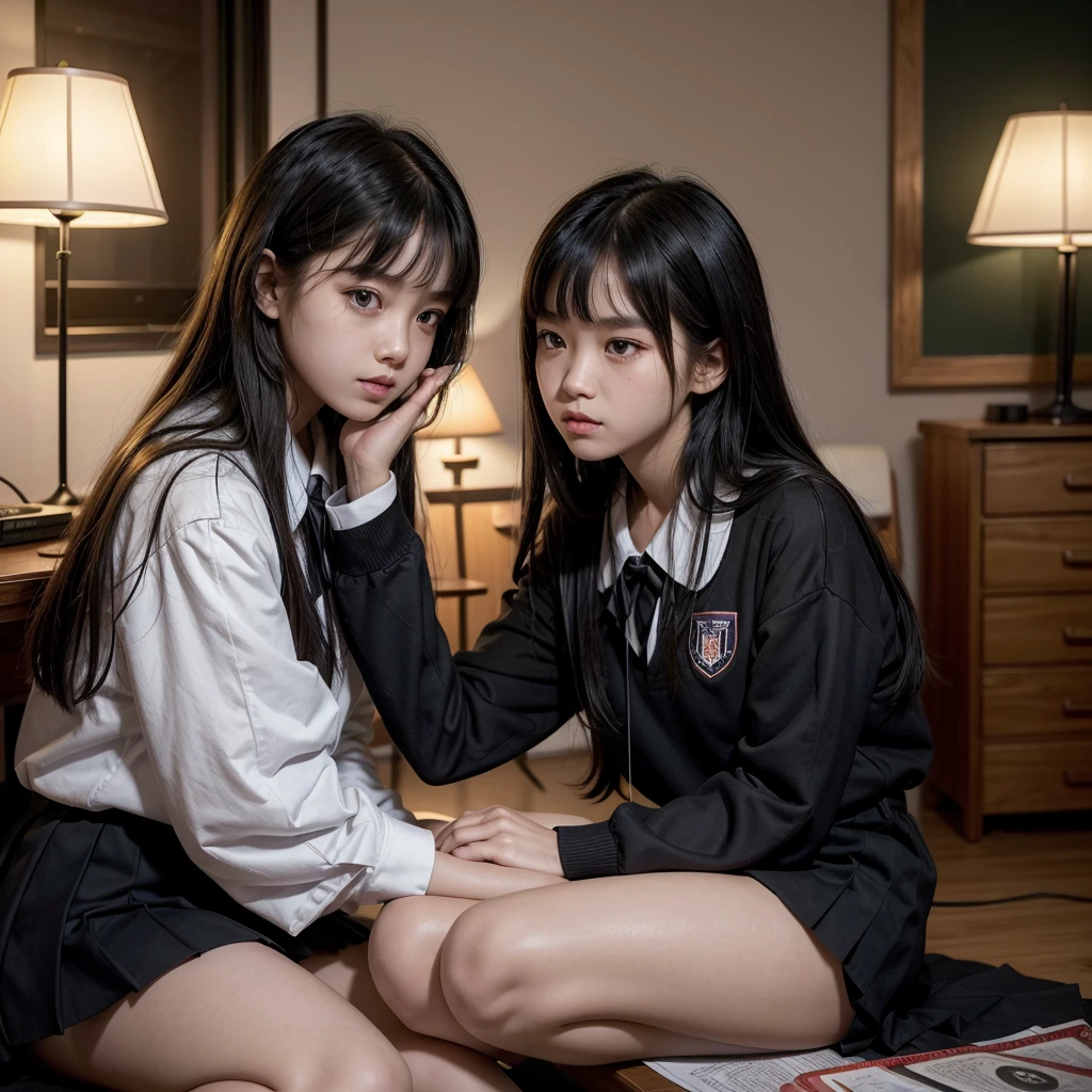 One Girl Black Asian School Uniform With Long Sleeves Girl Sitting On