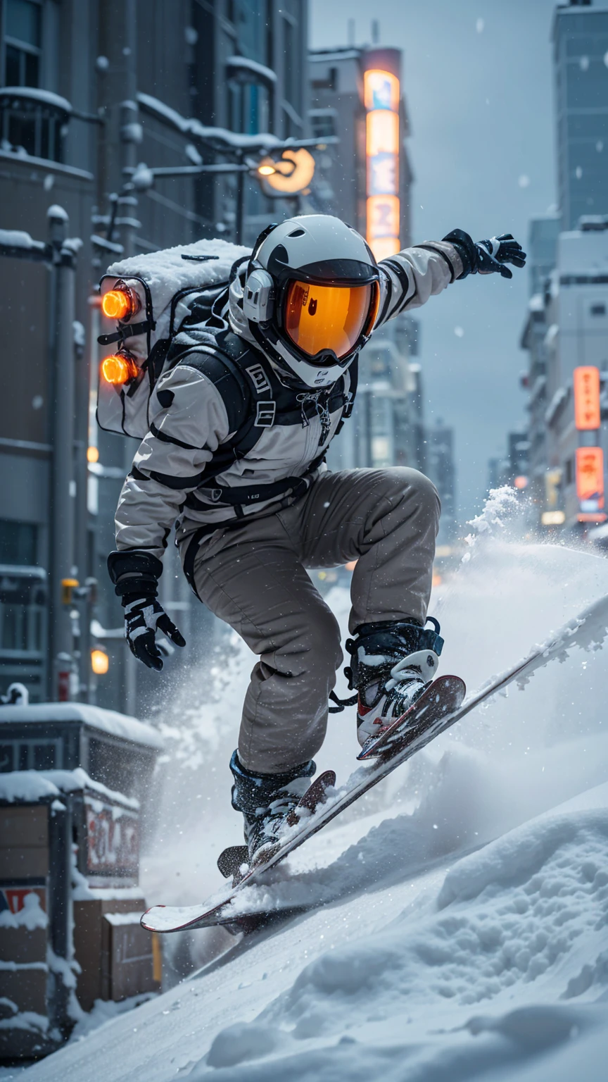 A futuristic snowboarder wearing a high-tech astronaut-style helmet ...