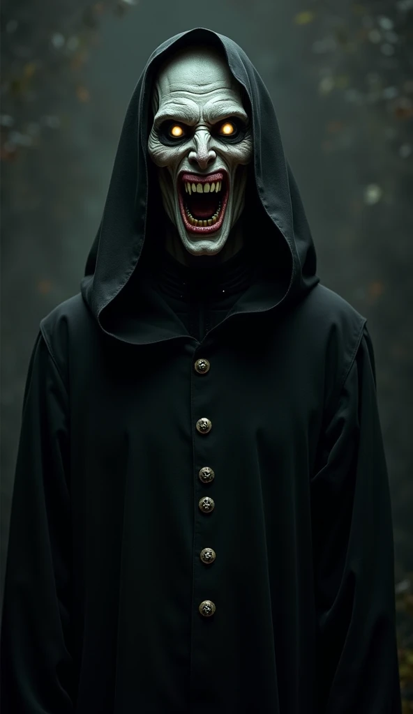 Friar in black with buttons shining with his mouth smiling open macabre ...