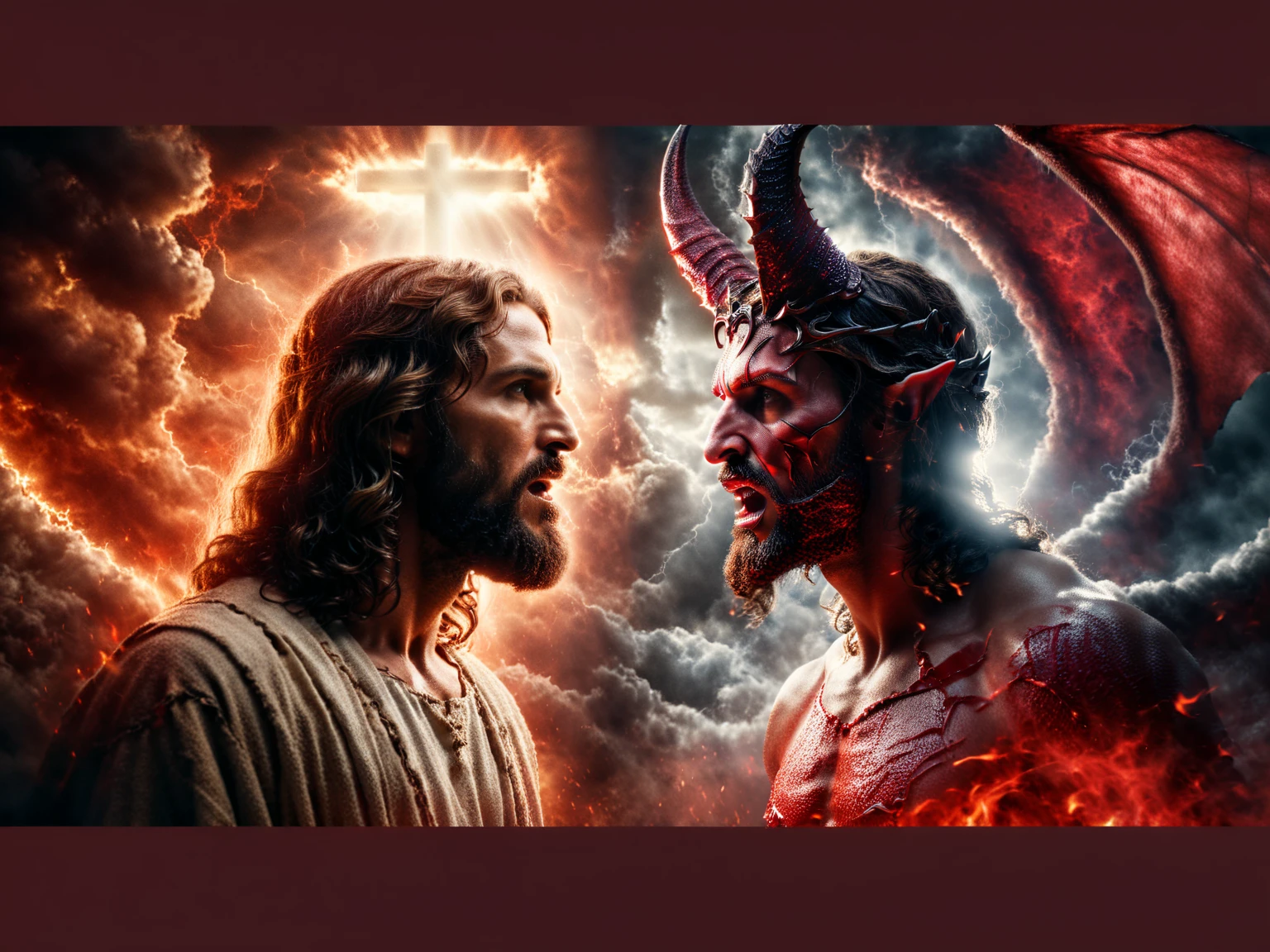 Satan vs. Jesus Christ. Photorealistic, Hyperdetailed cinematic photography - SeaArt AI