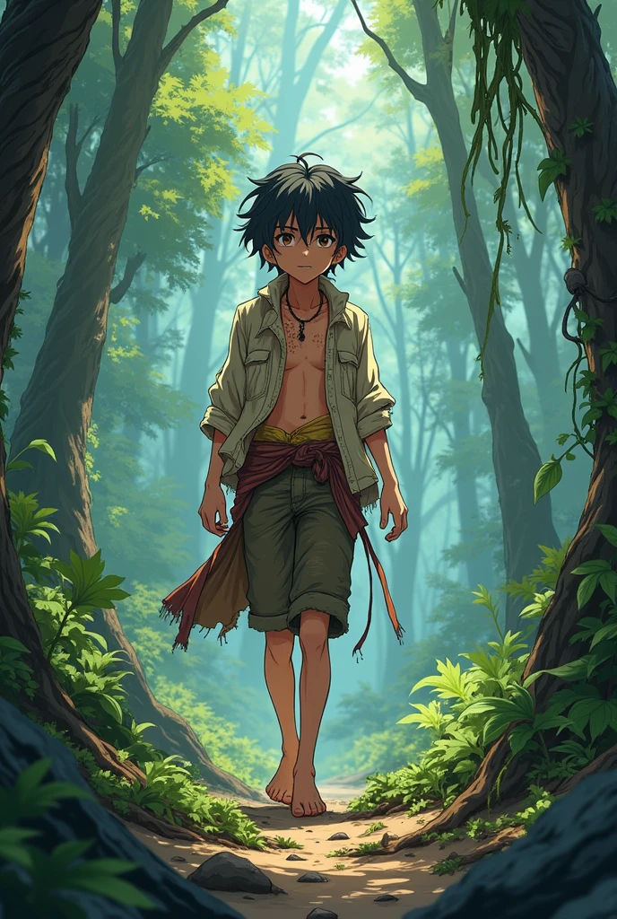 Create an anime-style boy who is trying to survive in the woods with ...