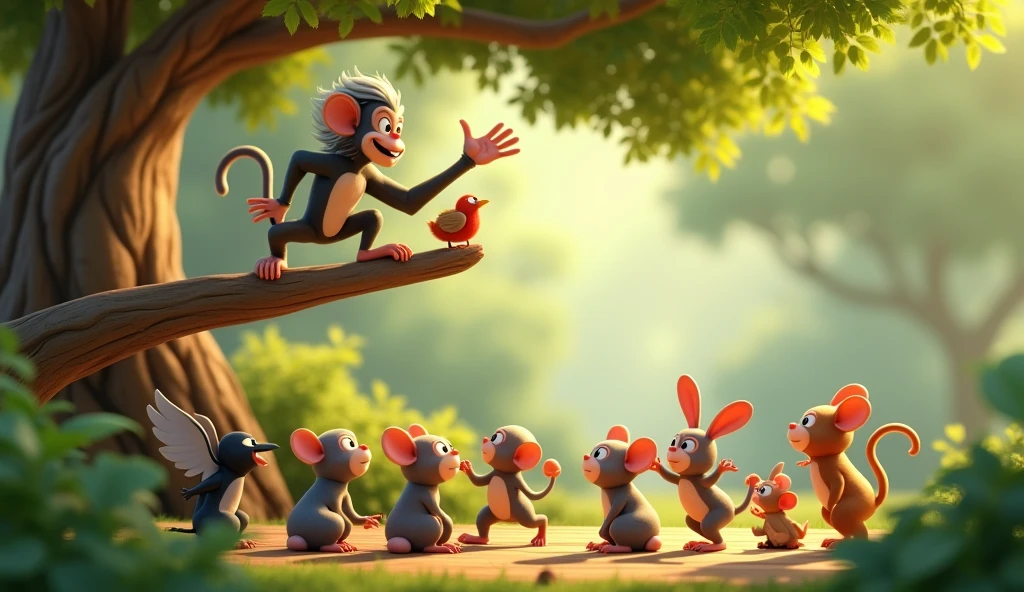 بندر استاد کی ورزش کا سبق A monkey teacher swinging on a tree branch ...