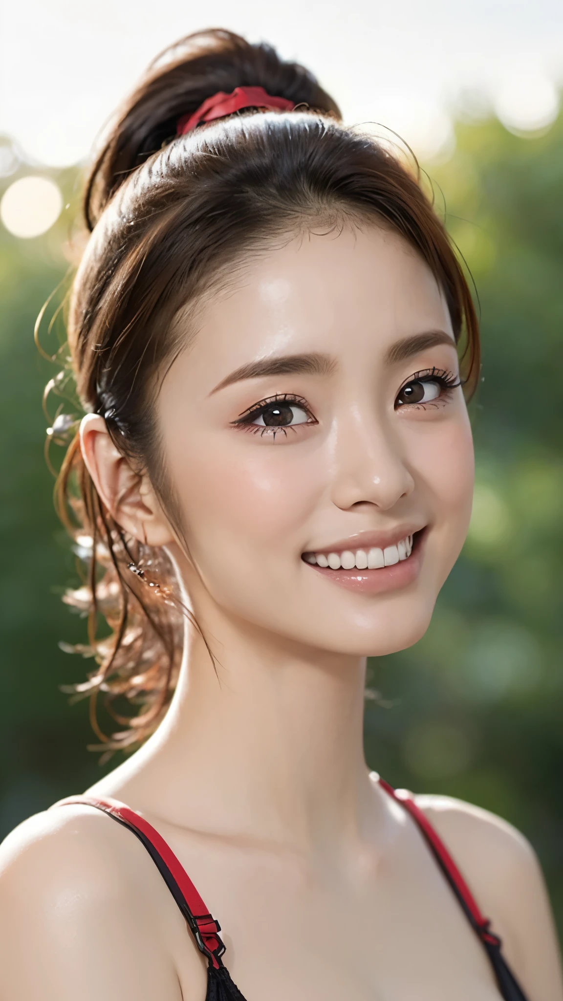 Arafed asian woman with a red and black top and a red and black top ...