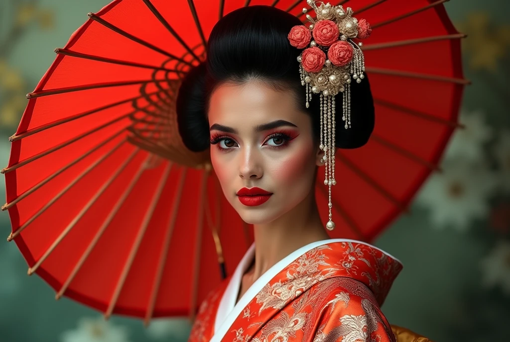 arab woman in kimono dress with red umbrella, beauty geisha - SeaArt AI