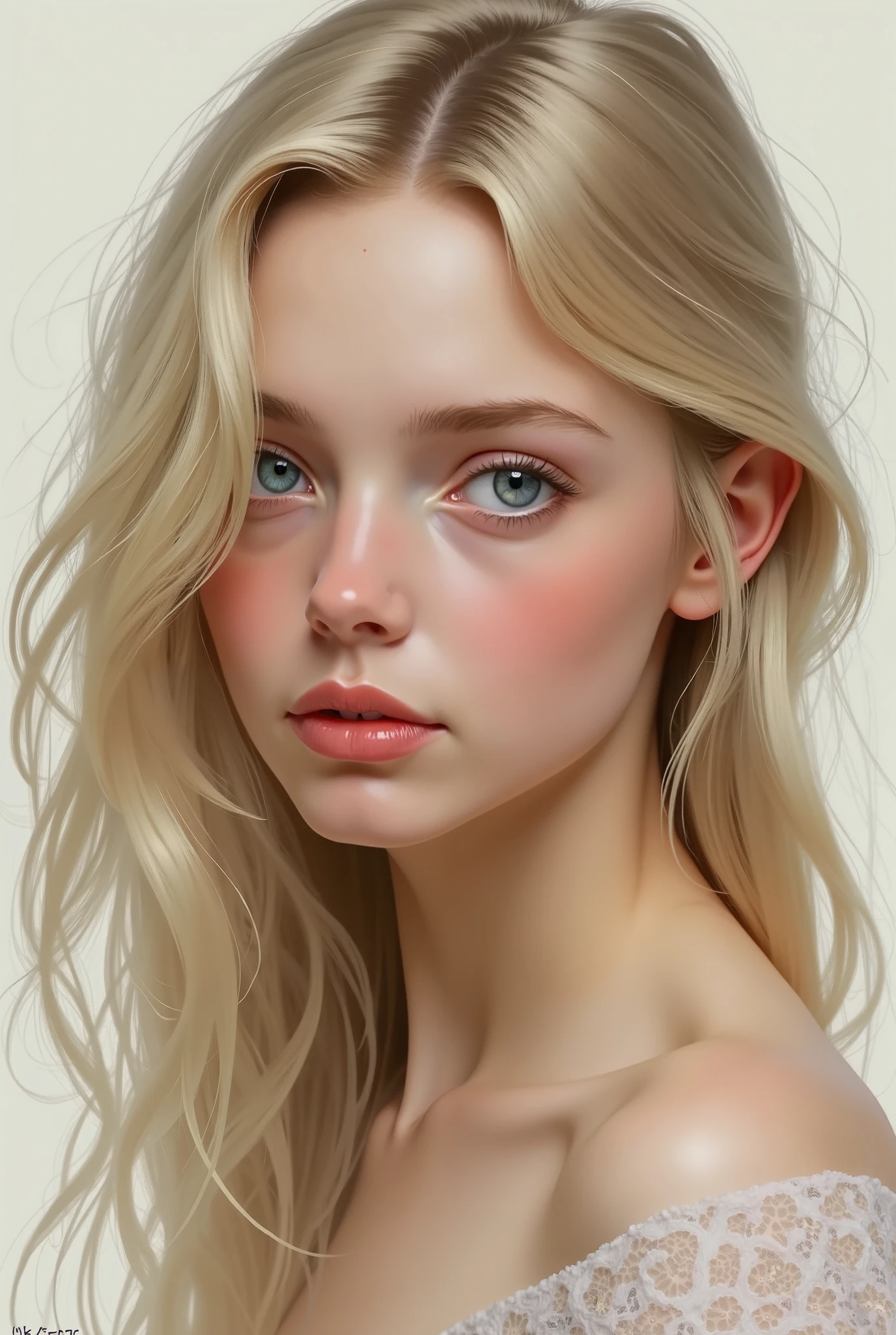A close up of a woman with long blonde hair and blue eyes - SeaArt AI
