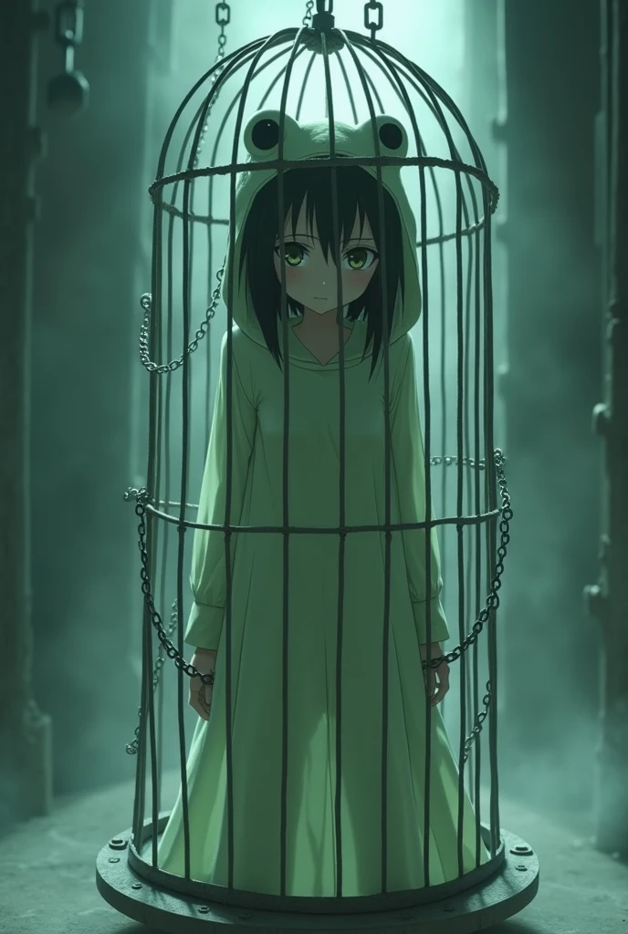 Anime girl, frog appearance, locked in a cage, chains around her feet ...