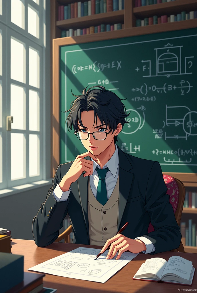 Create a pic of anime academic master who is solving math problem ...