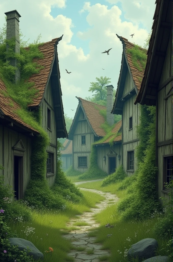 Empty village houses with grass grown on them - SeaArt AI