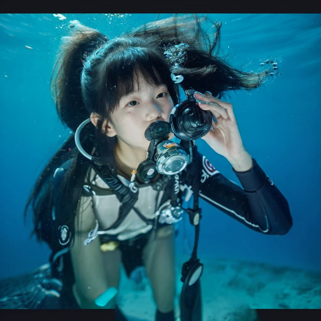 A Japanese elementary school girl is sitting underwater in a diving ...