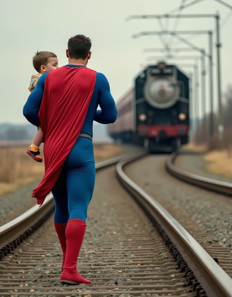 Create a realistic image. on a train track . Superman runs down the ...