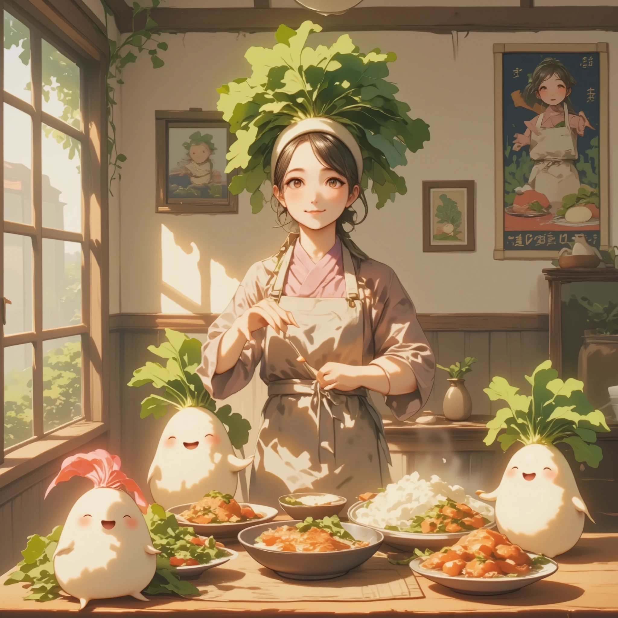 A woman in a cozy traditional living room cooking with various radish ...