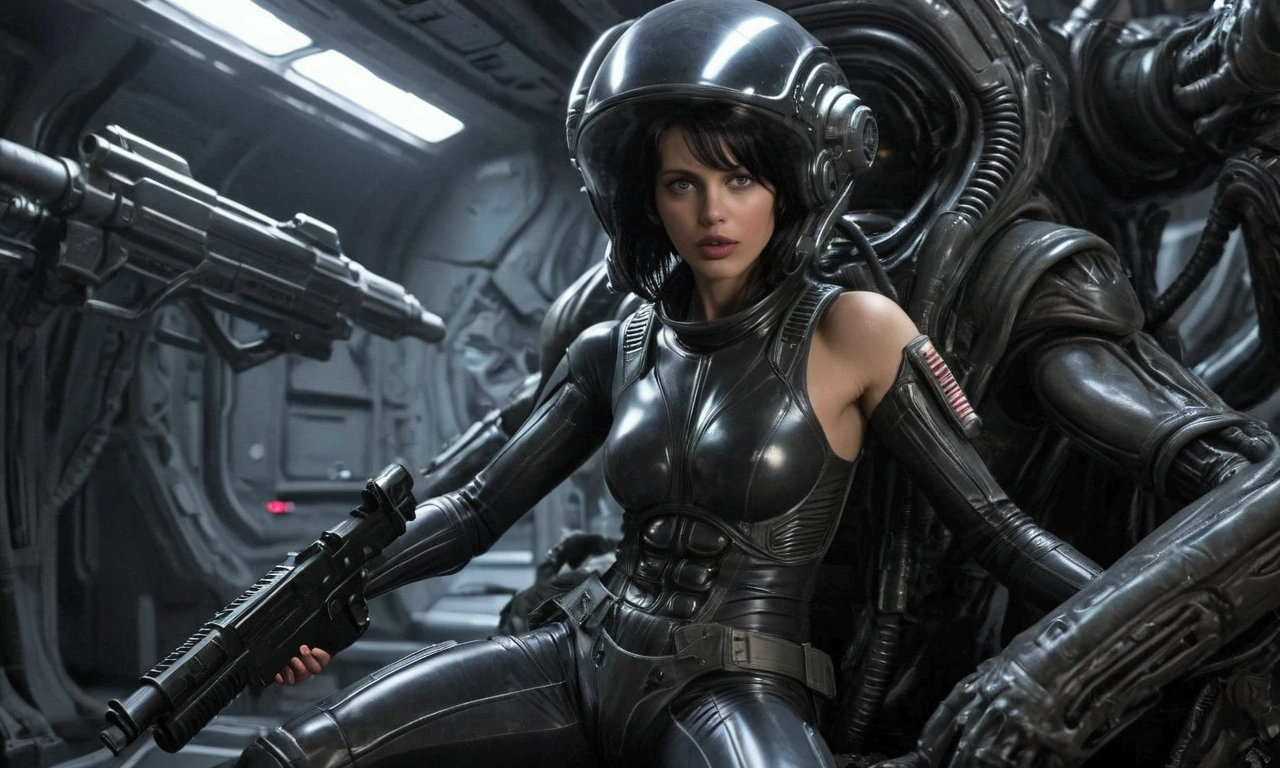A cute woman (sexy space soldier, big gun) is tasked with killing alien ...