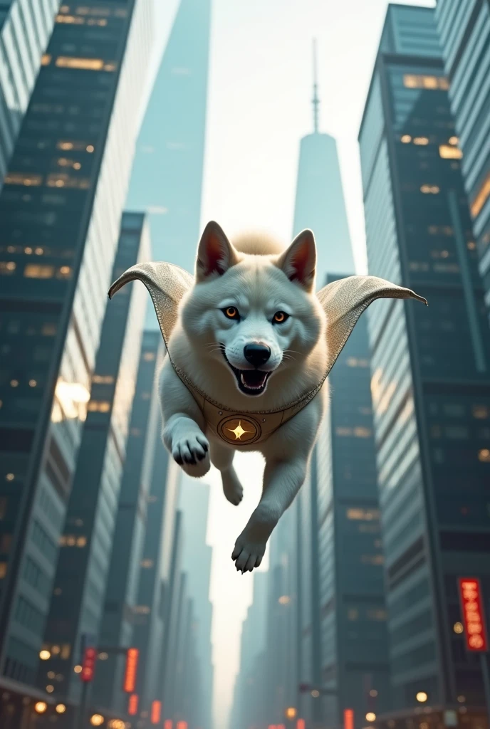 A white Shiba Inu as a superhero flying between skyscrapers - SeaArt AI