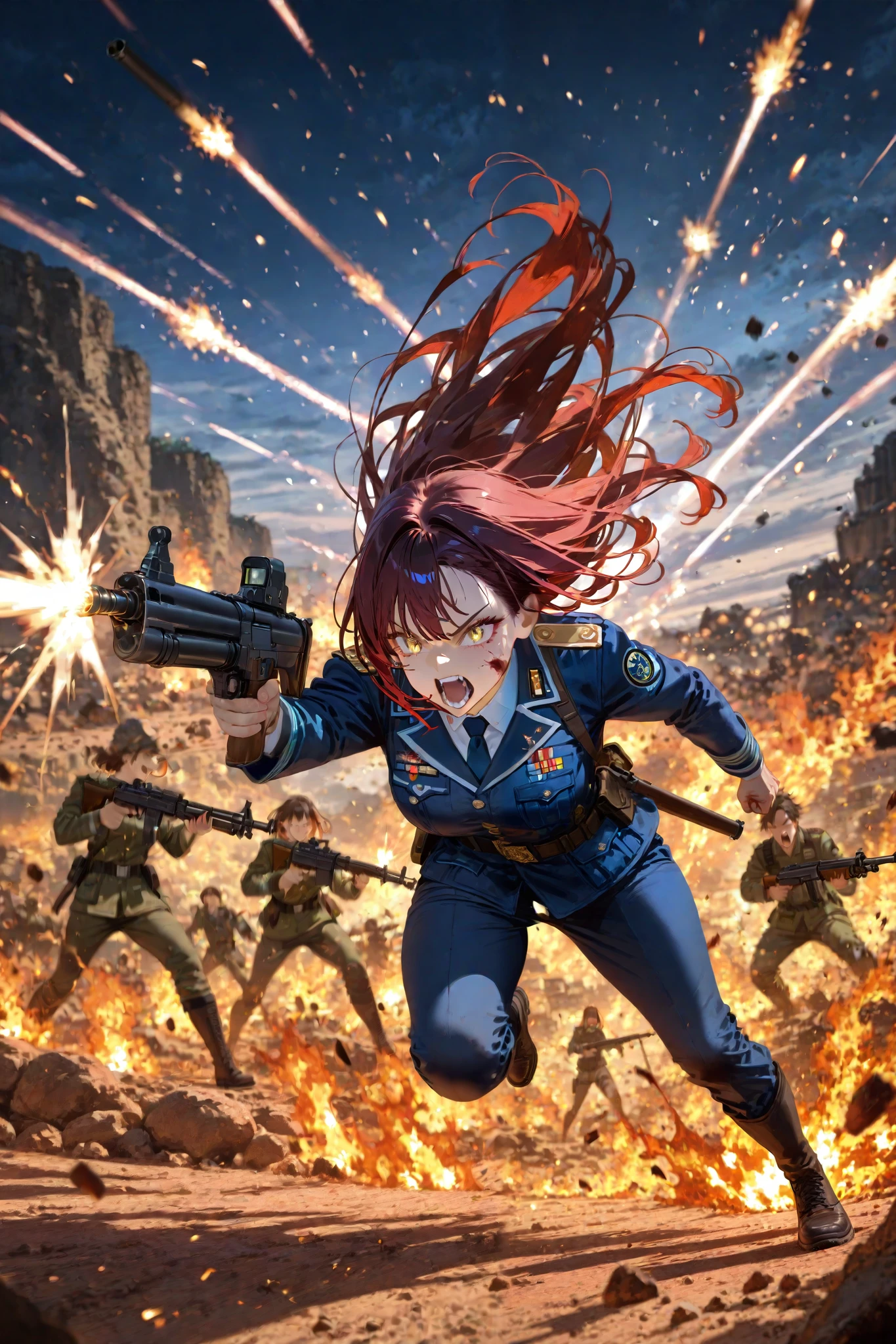 Anime girl with guns running through a desert with other soldiers ...