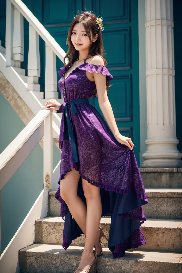 Japanese model woman in dress is standing on the stairs, Figure of an ...