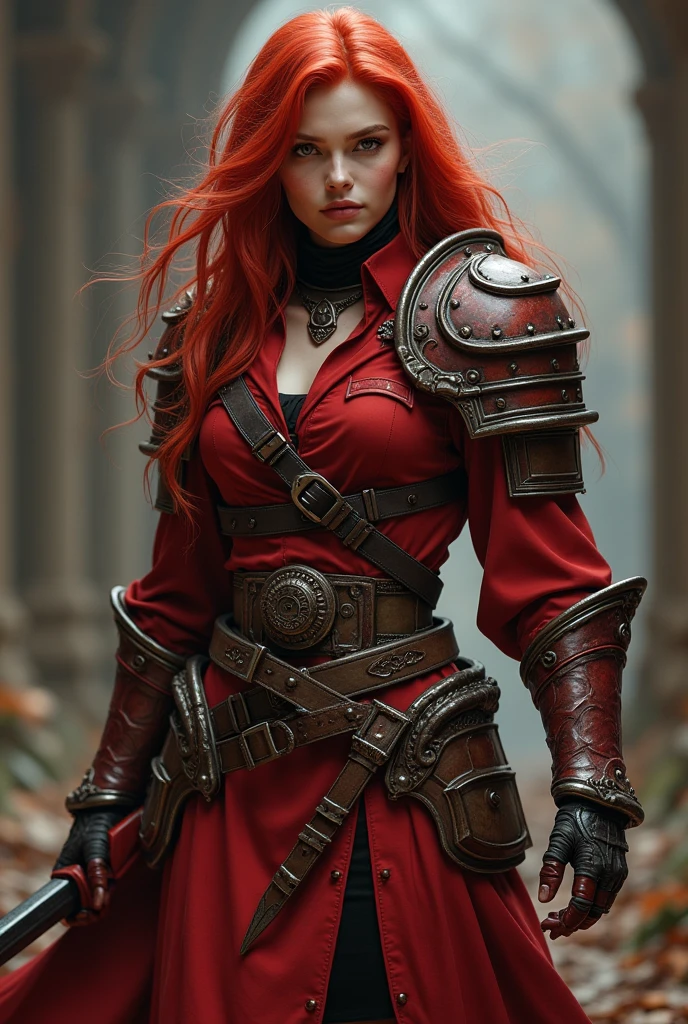 Warhammer female Inquisitor, red orc woman softly smiles fighting poses ...