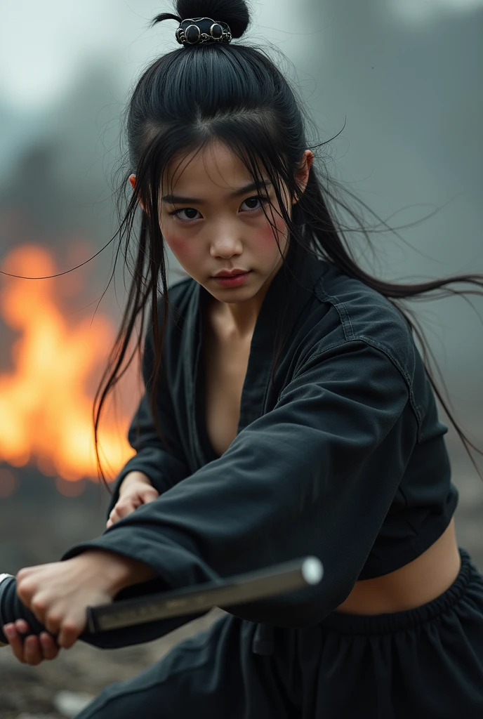 8k、 color、 beautiful Japanese ninja girl leaning forward and fighting ...