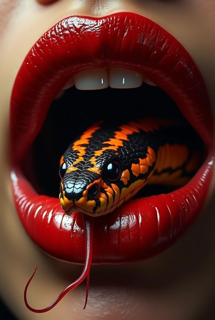 An artistic and surreal close-up of red glossy lips with detailed ...