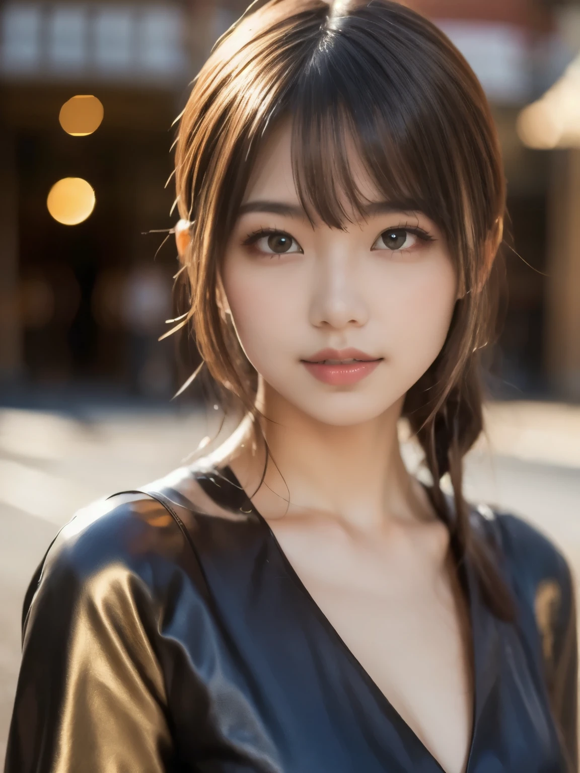 A close up of a woman in a black dress posing for a picture - SeaArt AI