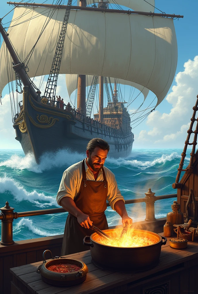 Man cooking in a huge boat - SeaArt AI
