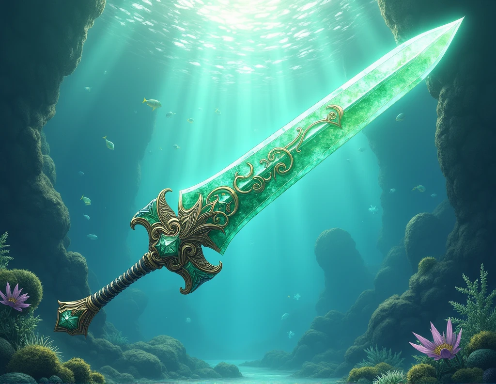 Make a sword in a very detailed drawing in different water green ...