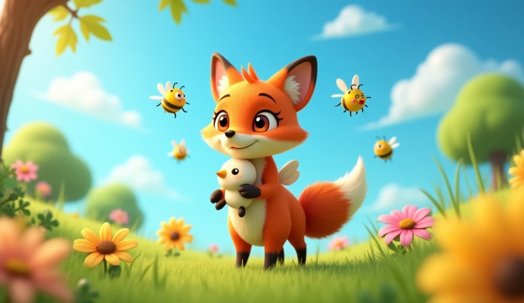 Lila,the fox carrying a baby bird gently on her back. Lila is standing ...