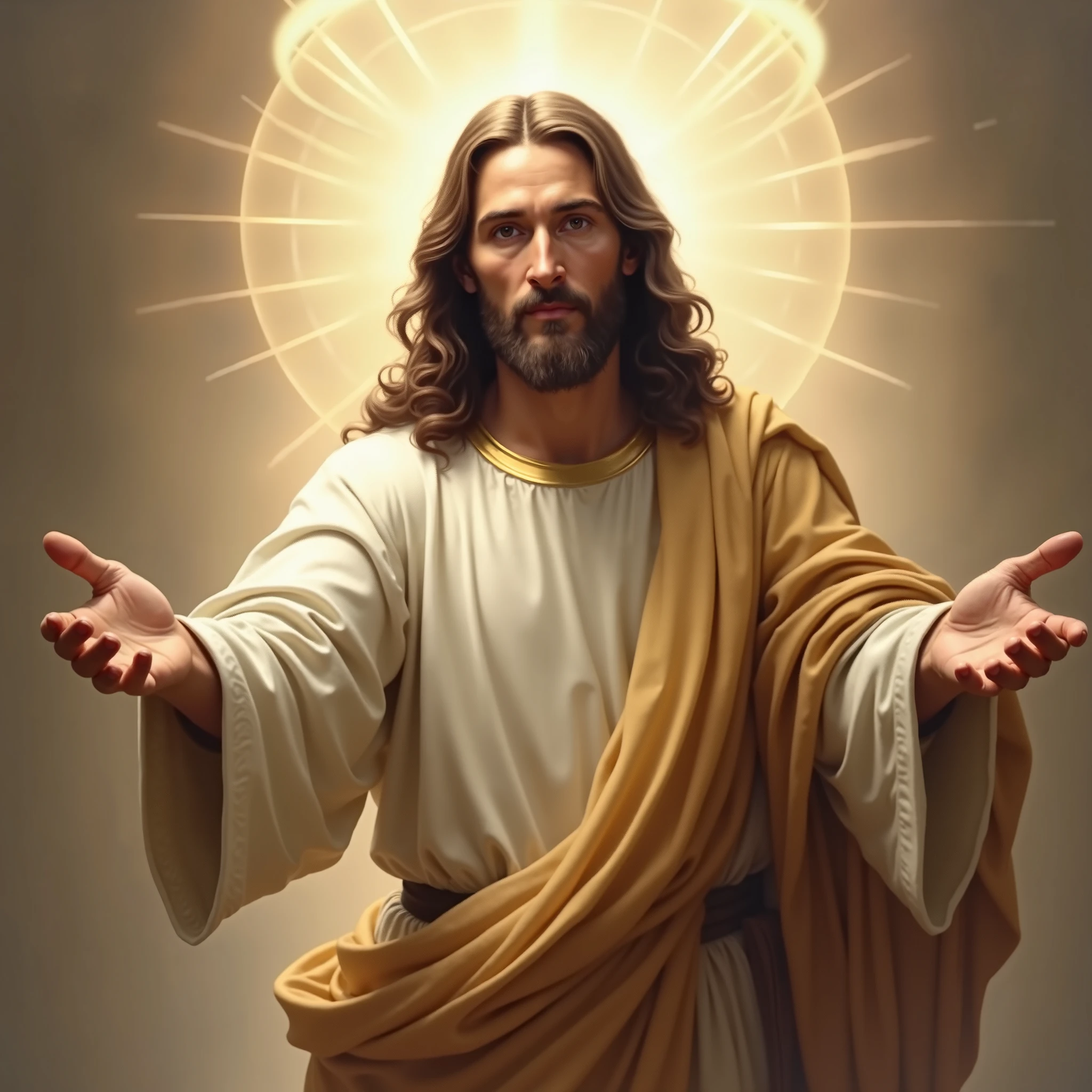 Arafed image of jesus with arms outstretched and glowing light above ...
