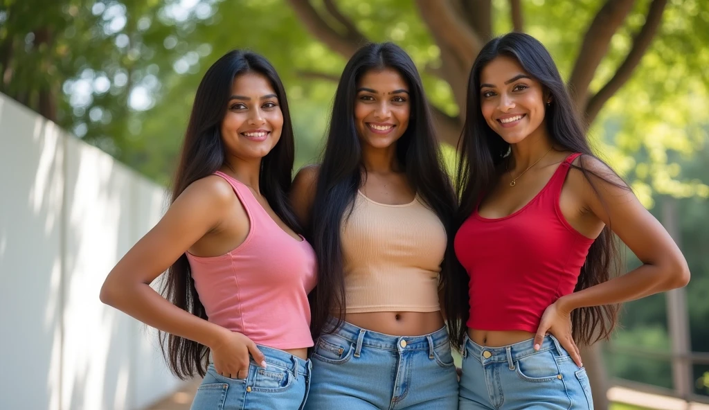 Three young Indian women standing together outdoors near a tree - SeaArt AI