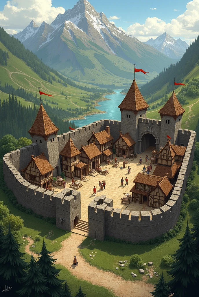 A map of a small medieval town surrounded by walls, think up everything ...