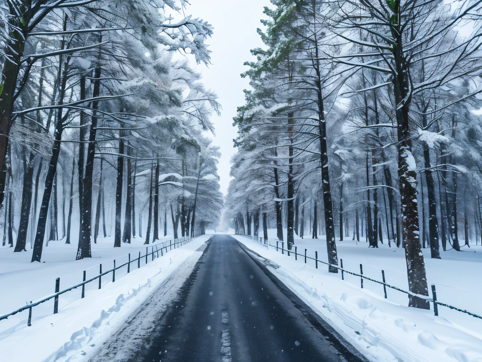 Snowy road in the middle of a forest with trees and snow - SeaArt AI