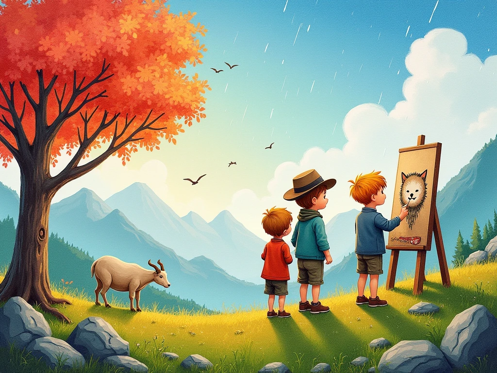The painting is a crayon color, which is an example of a landscape ...
