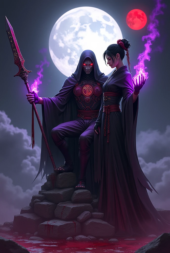 A dark fantasy scene featuring a powerful figure sitting on a pile of s ...