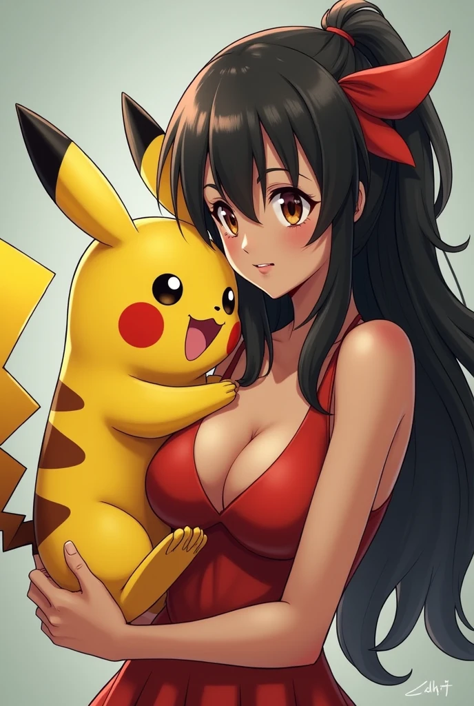 Tifa, a beautiful woman with huge breasts, mate with Pikachu - SeaArt AI