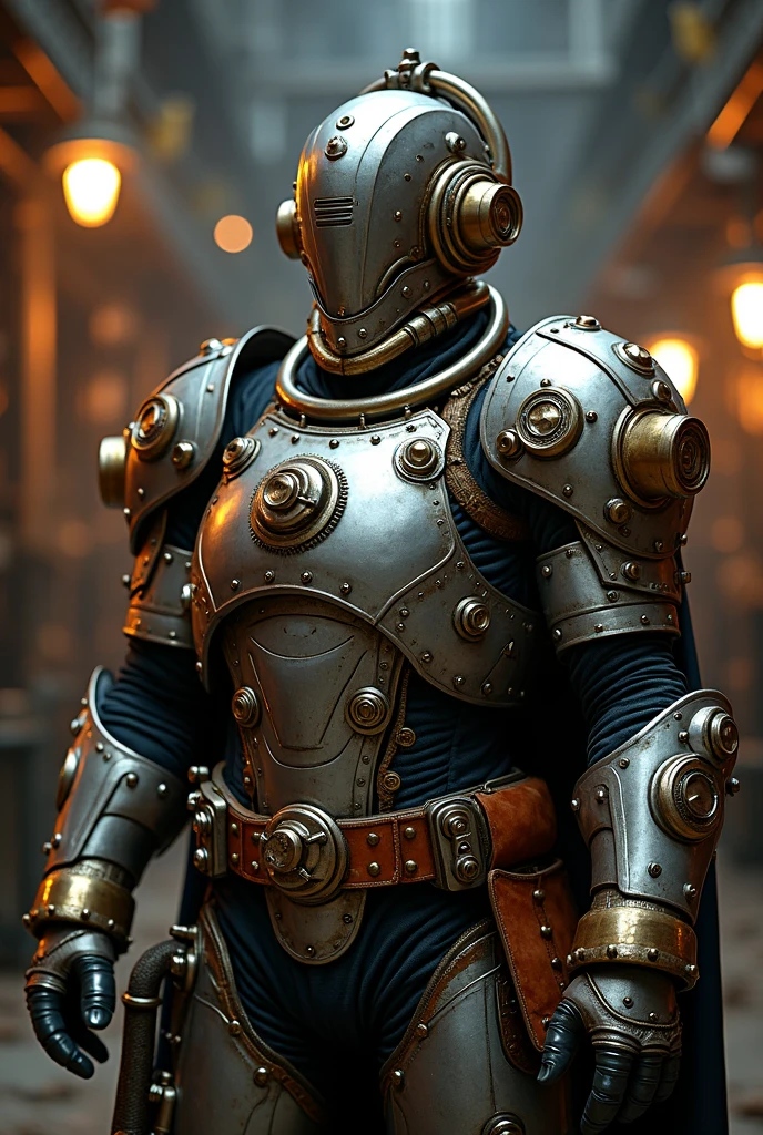 A scientist in large steampunk steampunk armor, shiny chrome and brown ...