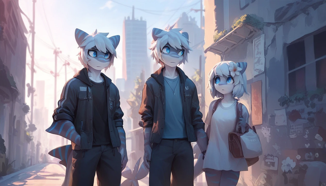 Changed_shark, Tiger_shark, duo, pale cornflower blue eyes, short white ...