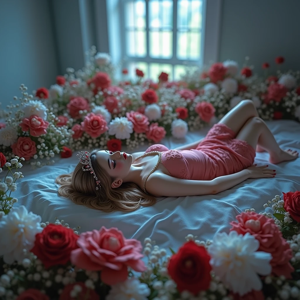 Tiny Vampire Empress Lying Down in a Glass coffin that filled with colorful flow - SeaArt AI