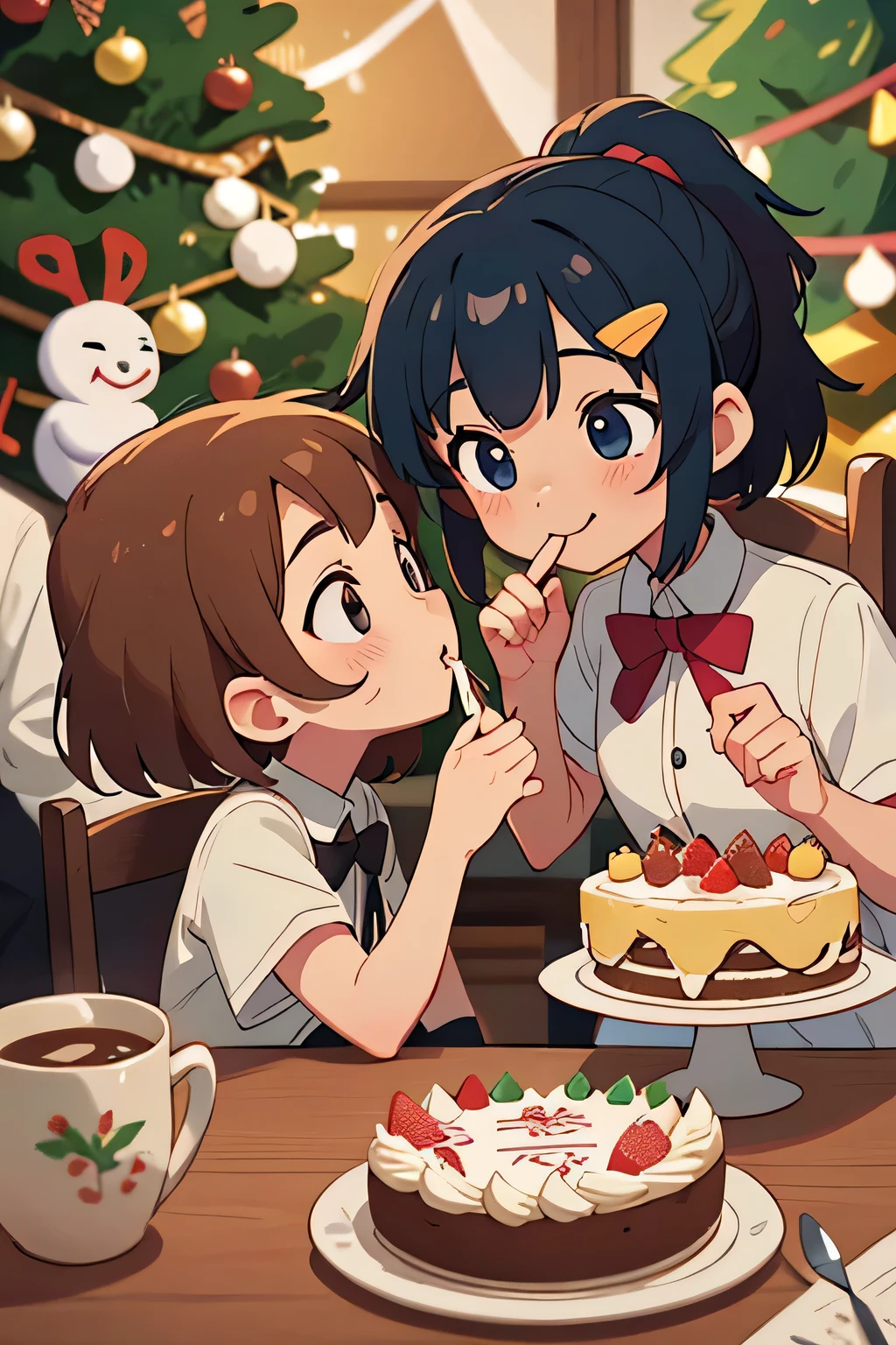 Anime characters eating cake at a table with a christmas tree in the ...