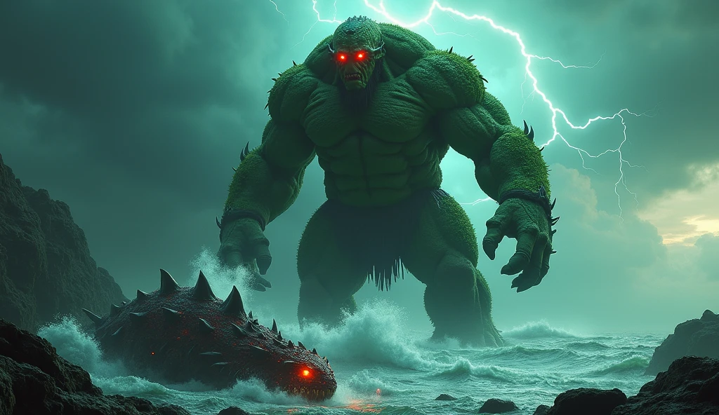 Create an ultra-realistic 8K depiction of a colossal green giant with ...