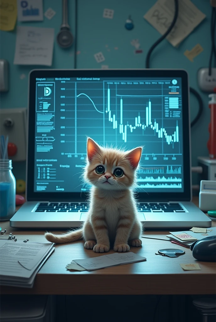 Small tired cold cat in front of big medical laptop, the cat is ...