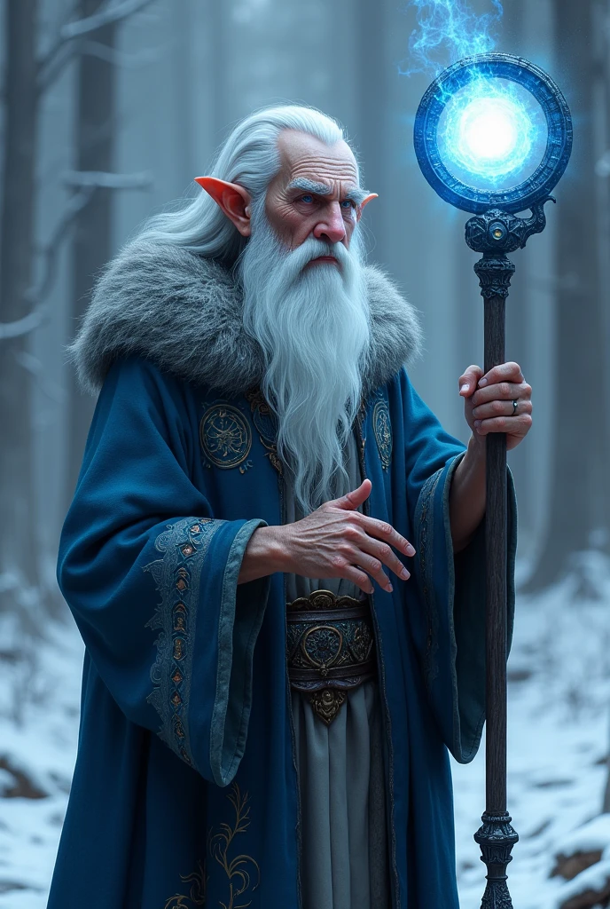 Old elven man , with a long white beard , a blue staff with a white ...