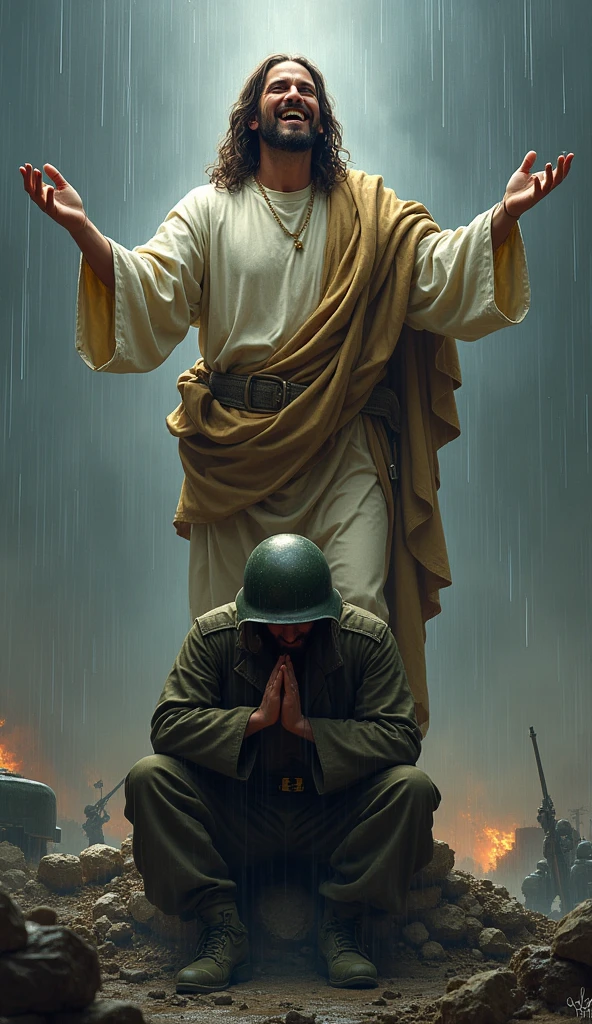 Jesus Christ extremely happy standing, Extremely sad kneeling soldier ...
