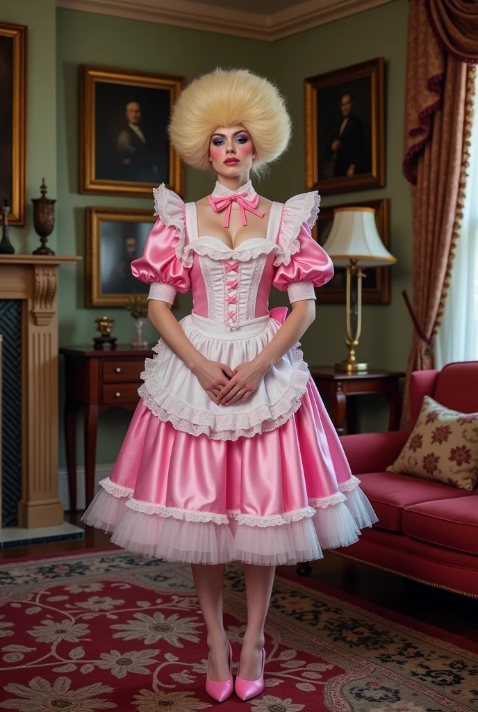 HDR photo of an Embarrassed male dressed as a frilly prissy pink ...